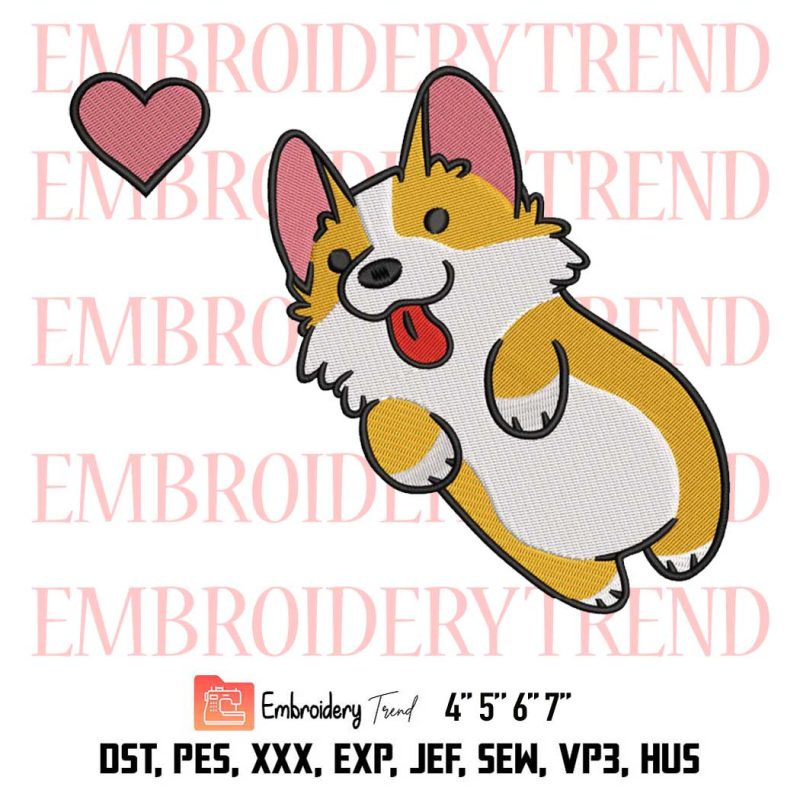 Corgi Dog Chasing The Heart Embroidery, Corgi Cute Design File