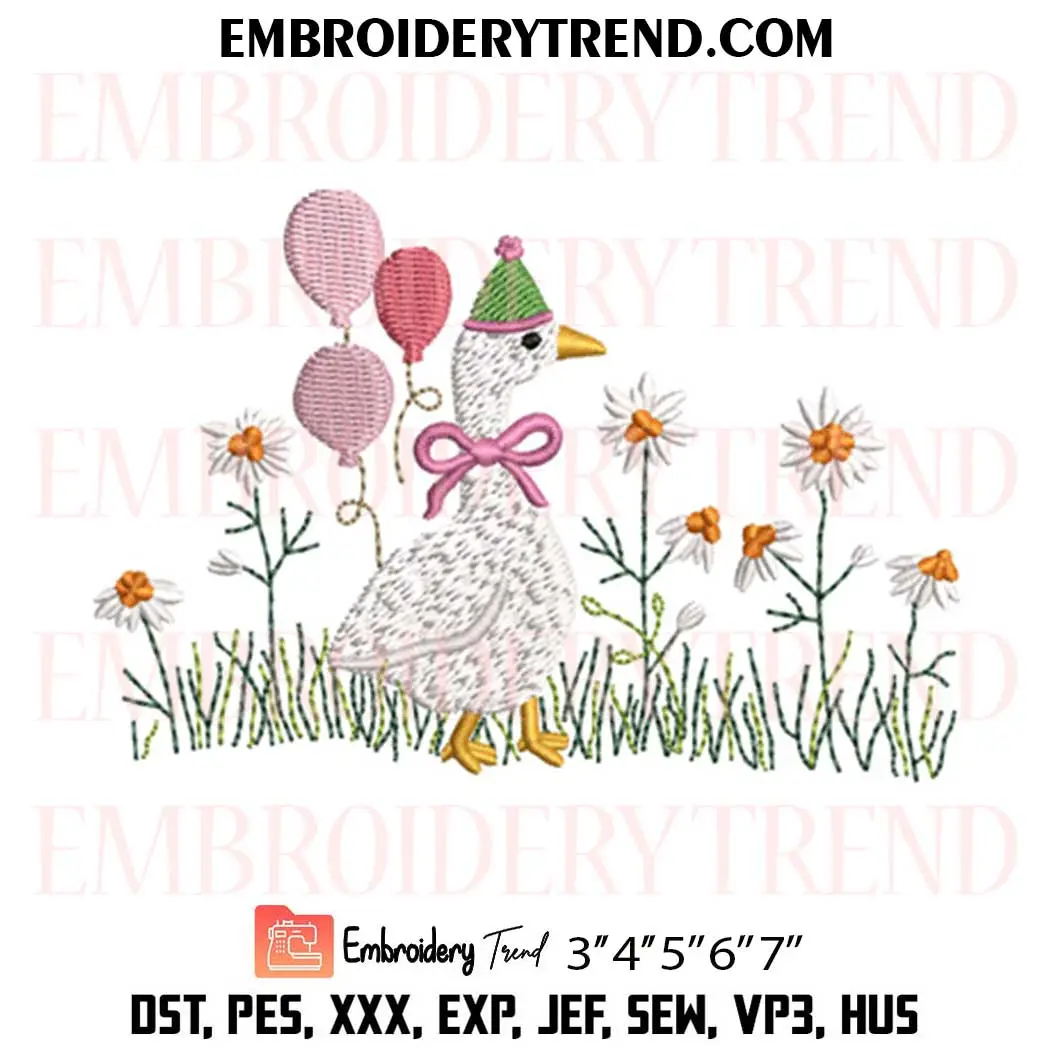Cute Birthday Silly Goose Embroidery Design, Goose With Party Hat Pes ...