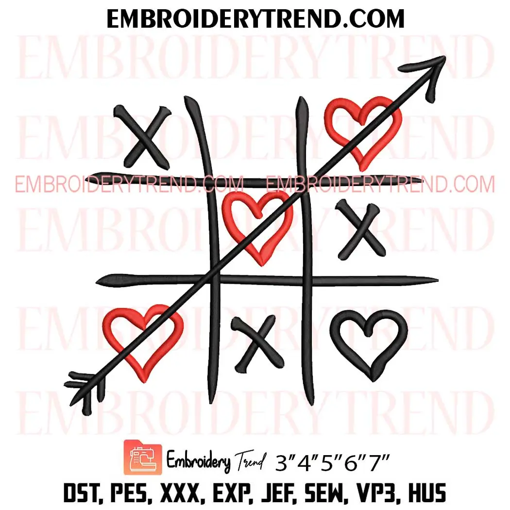 Tic Tac Toe Valentines Day Embroidery Design, XO Hearts Pes Design File